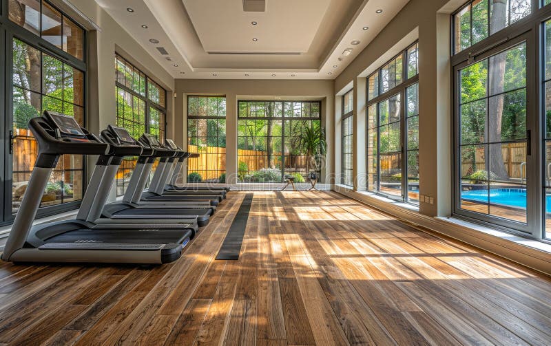 Treadmills in Gym with Large Windows Stock Photo - Image of strength ...