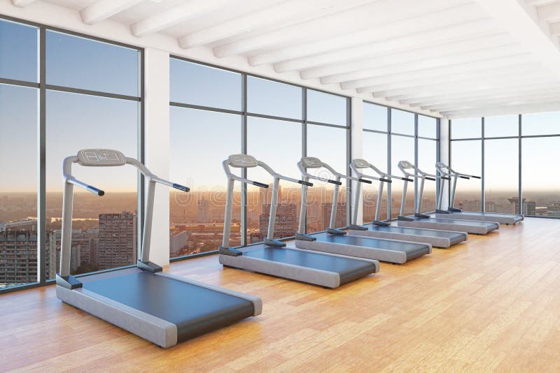 Treadmills Inside a Sports Center in Upper Floors. 3D Illustration ...