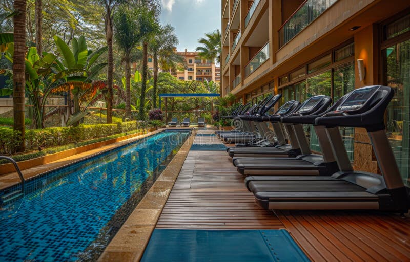 Treadmills and Swimming Pool in the Hotel Stock Photo - Image of luxury ...