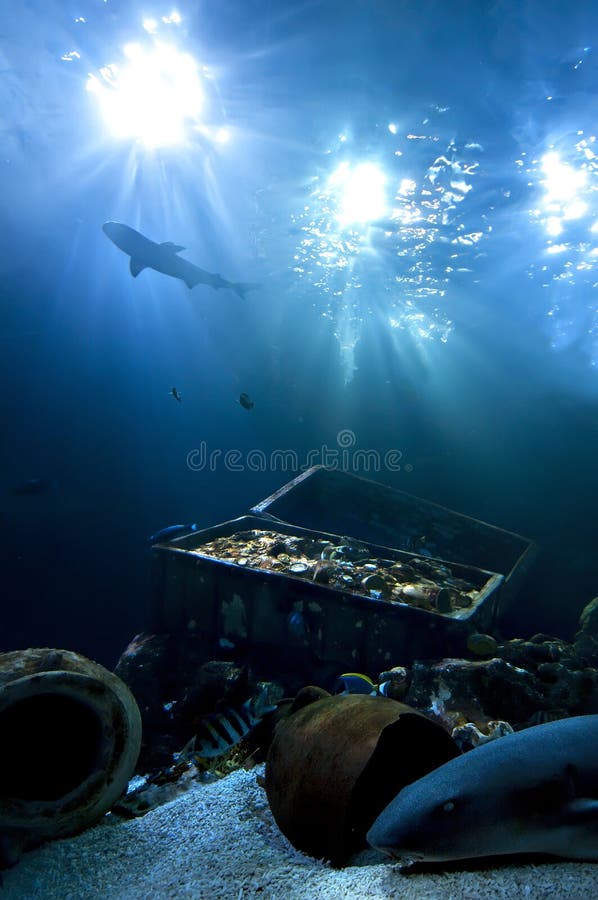 Treasures on the Seabed. Sunken Chest with Gold and Ship Under Water 3d ...