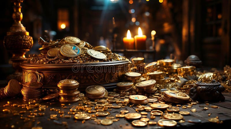 Glowing Treasure in a Room with Piles of Gold Stock Illustration ...