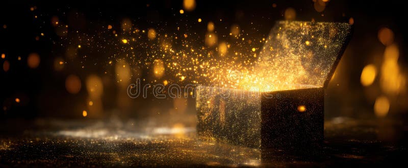 The Treasure Box Releasing Magical Golden Sparks in a Dark Environment ...