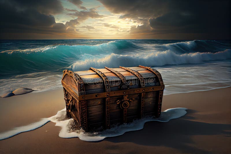 Treasure Chest on a Beach, with the Waves Rolling in and Out Stock ...