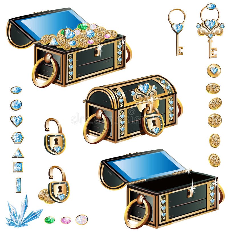 Treasure Chest with Blue Decoration Set Stock Vector - Illustration of ...