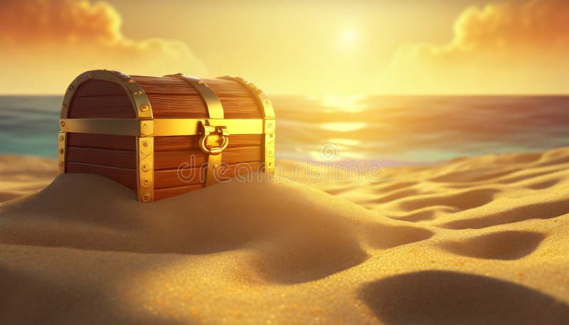 A Treasure Chest Buried in the Sand Stock Illustration - Illustration ...