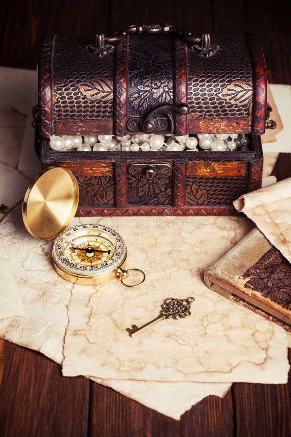 Treasure Chest, Compass and Old Map Stock Photo - Image of open, jewel ...