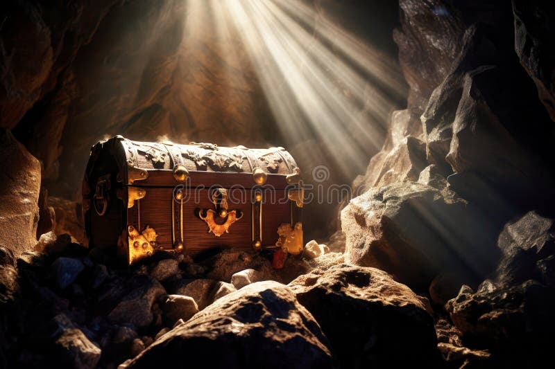 Treasure Chest in Dark Cave Stock Illustration - Illustration of gold ...