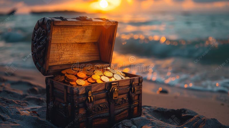 Treasure Chest Filled with Gold Coins on Sandy Beach at Sunset Stock ...