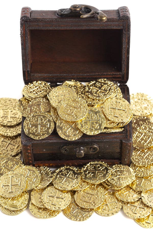 Treasure Chest Filled with Golden Coins on a White Background Stock ...