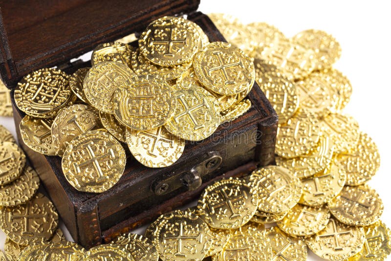 Treasure Chest Filled with Golden Coins on a White Background Stock ...