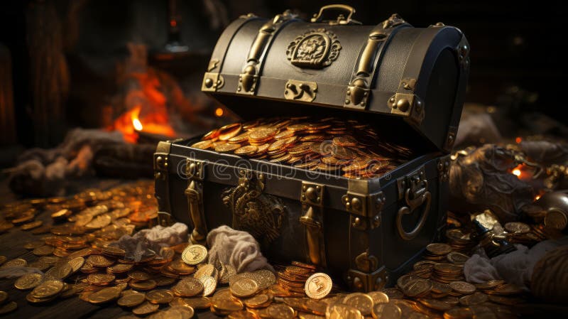 Treasure Chest Full of Coins. Generative AI. Stock Illustration ...