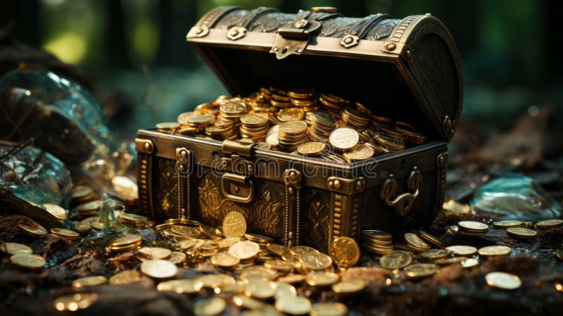 Treasure Chest Full of Coins and Necklaces. Generative AI. Stock Photo ...