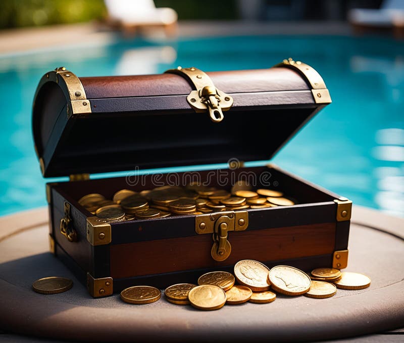 Treasure Chest and Gold Coins Scattered by the Pool. Generative AI ...