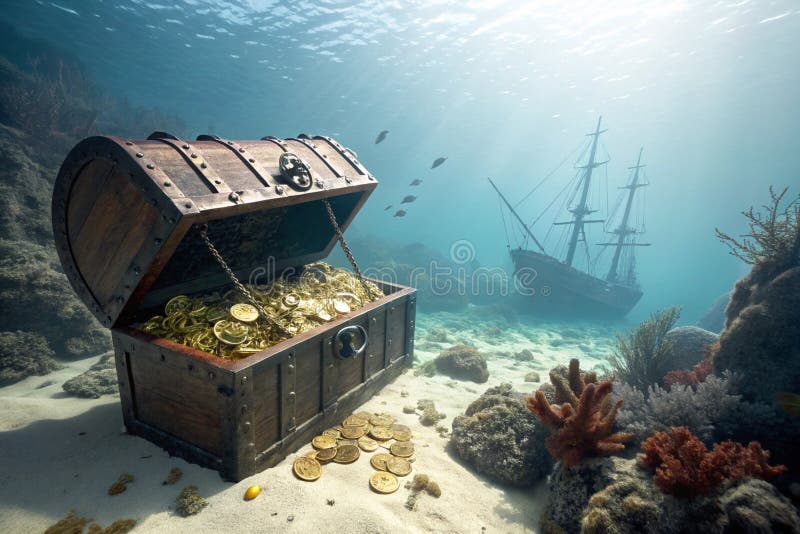 Treasure Chest with Gold on Seabed, Sunken Ship 3D Illustration Stock ...