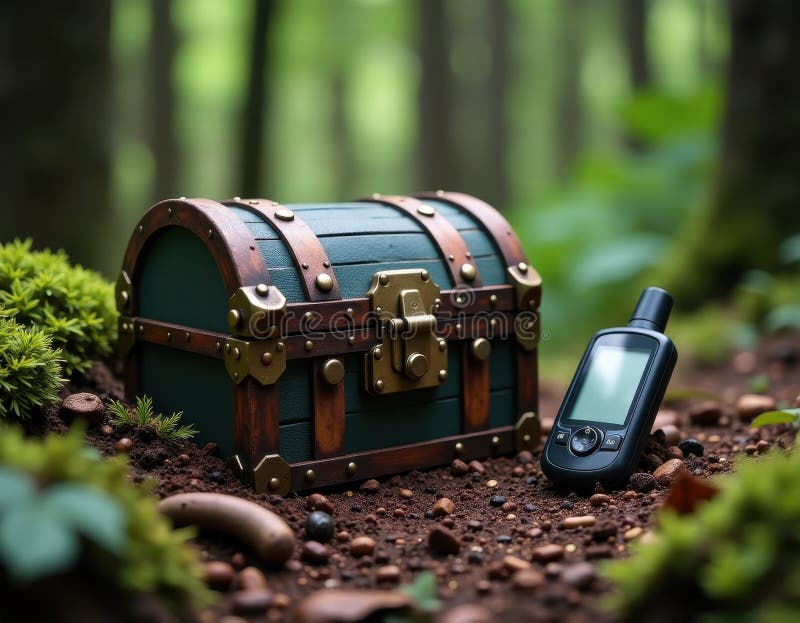 Treasure Chest and GPS Device in Forest - Adventure Concept Stock ...