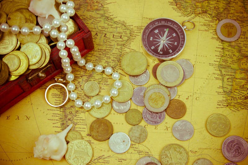 Treasure Chest with Jewelry and Coins, Compass and Shells on Vintage ...