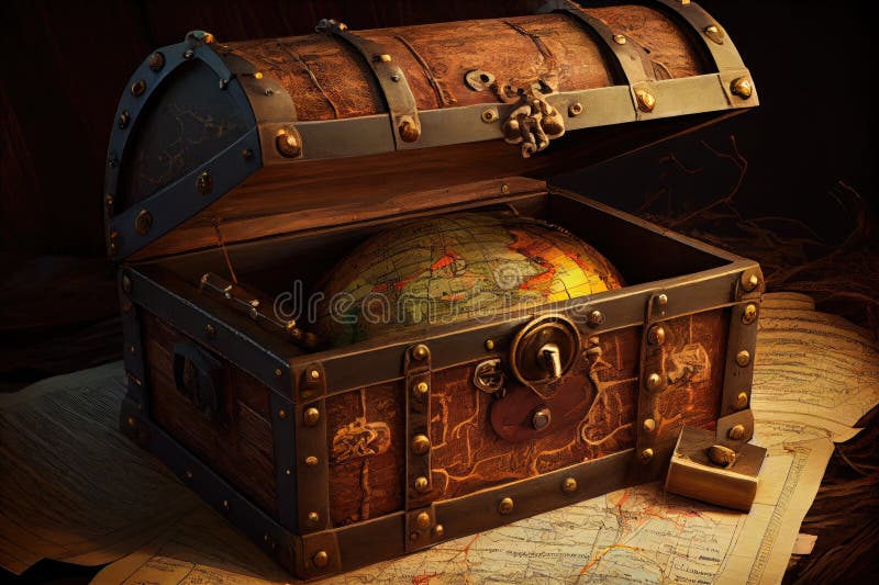 Treasure Chest, with a Map and Compass Tucked Inside Stock Illustration ...