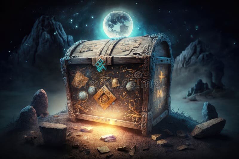 Treasure Chest on the Moon Decorated with Magic Signs and Runes Stock ...
