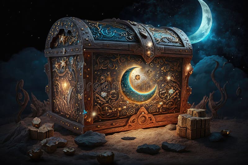 Treasure Chest on the Moon Decorated with Magic Signs and Runes Stock ...