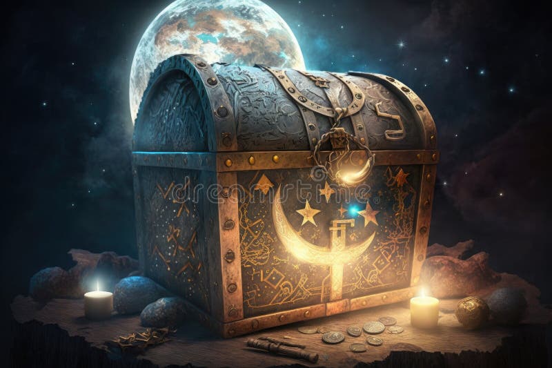 Treasure Chest on the Moon Decorated with Magic Signs and Runes Stock ...
