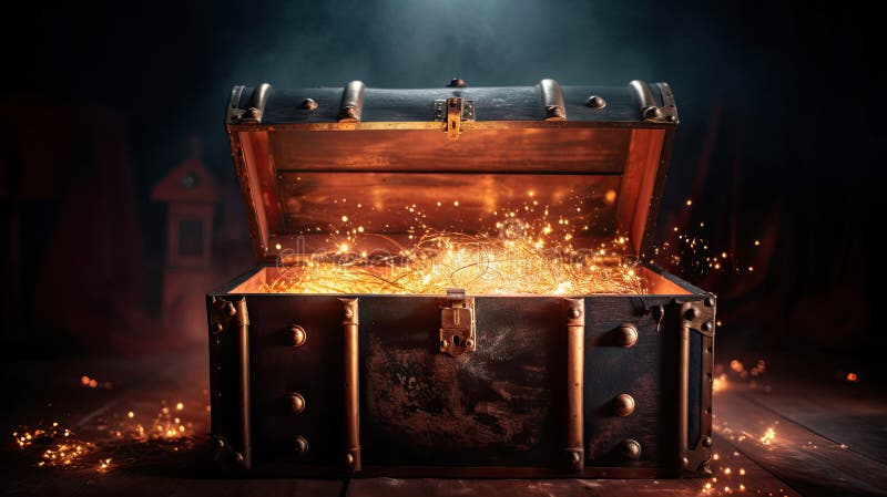 Treasure Chest, Open Ancient Trunk with Glowing Magic Lights in the Dark. Generative Ai Stock ...