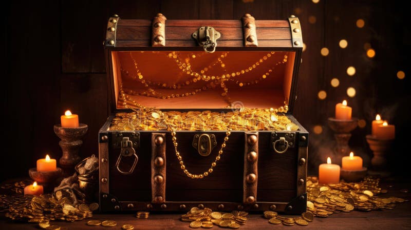 Treasure Chest, Open Ancient Trunk with Glowing Magic Lights in the Dark. Generative Ai Stock ...