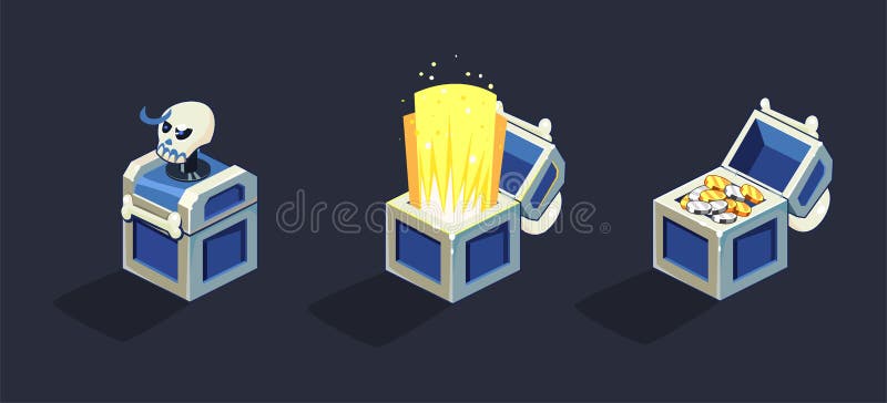 Treasure Chest, Open and Closed Blue Boxes with Skull, Game User ...
