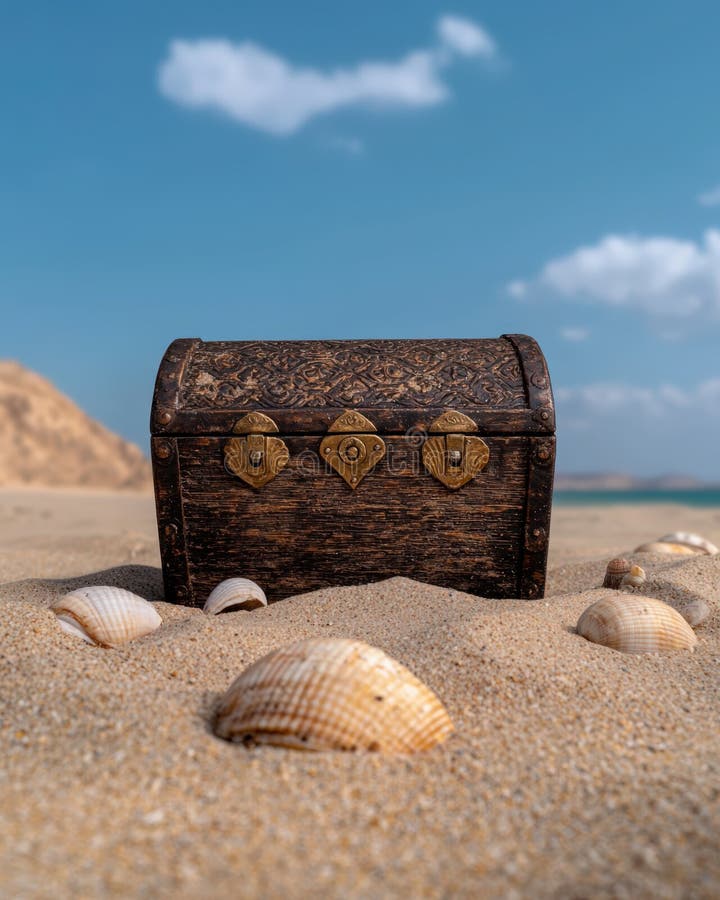 Treasure Chest on a Sandy Beach with Seashells. Stock Illustration ...