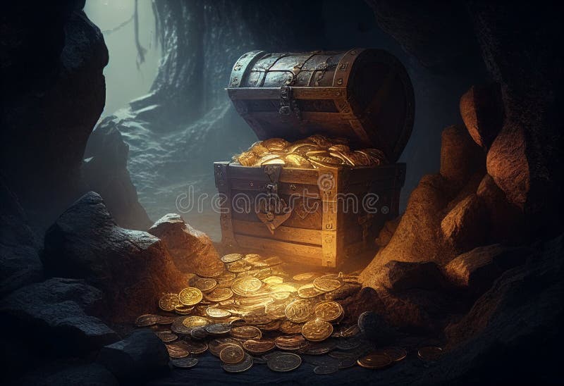 A Treasure Chest Stands on a Mountain of Coins in a Cave. AI Generated ...