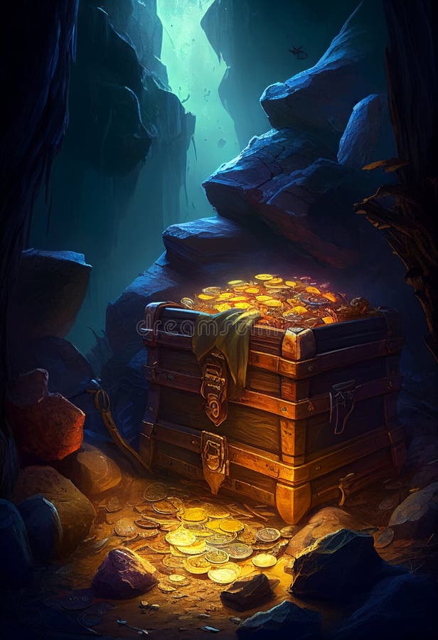 A Treasure Chest Stands on a Mountain of Coins in a Cave. AI Generated ...