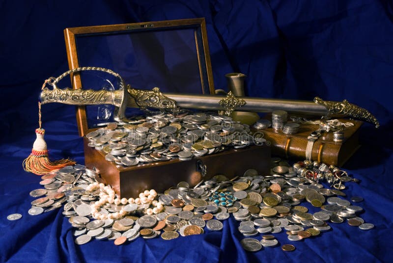 Treasure coins and sword stock photo. Image of coins, coin - 7743630