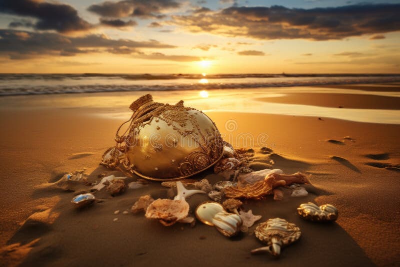 A Treasure Half-buried in Sand on a Beach at Sunset Stock Image - Image ...