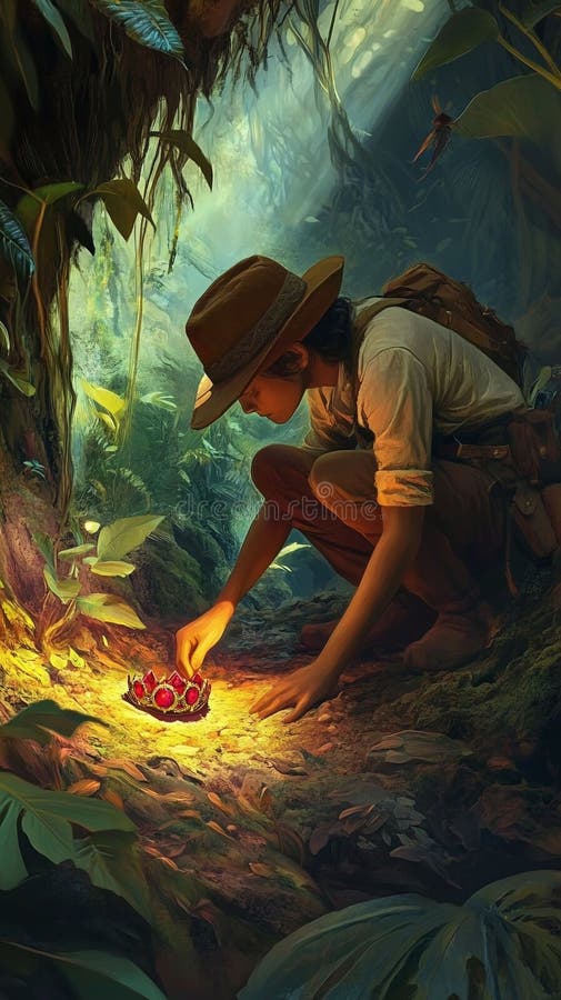 Treasure Hunter Uncovering a Ruby Crown in a Hidden Jungle Cave Stock ...
