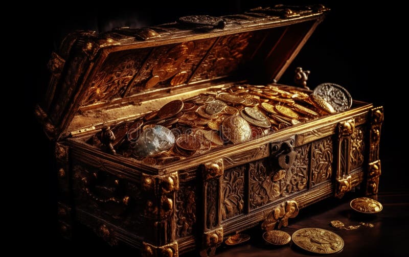 Treasure in Large Ancient Chest. Stock Illustration - Illustration of ...