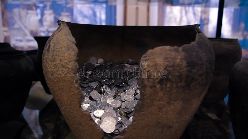 Treasure, Many Silver Coins in a Smashed, Ancient Clay Pot, in a Museum ...