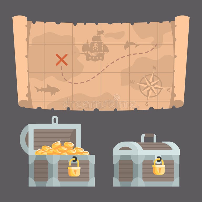 Treasure Map and Chest with Gold Stock Vector - Illustration of opened ...
