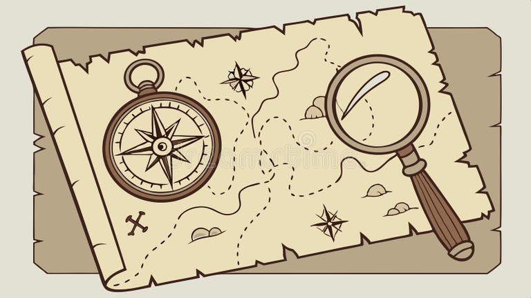 Treasure Map and Compass, Adventure and Exploration Tools. Vector ...