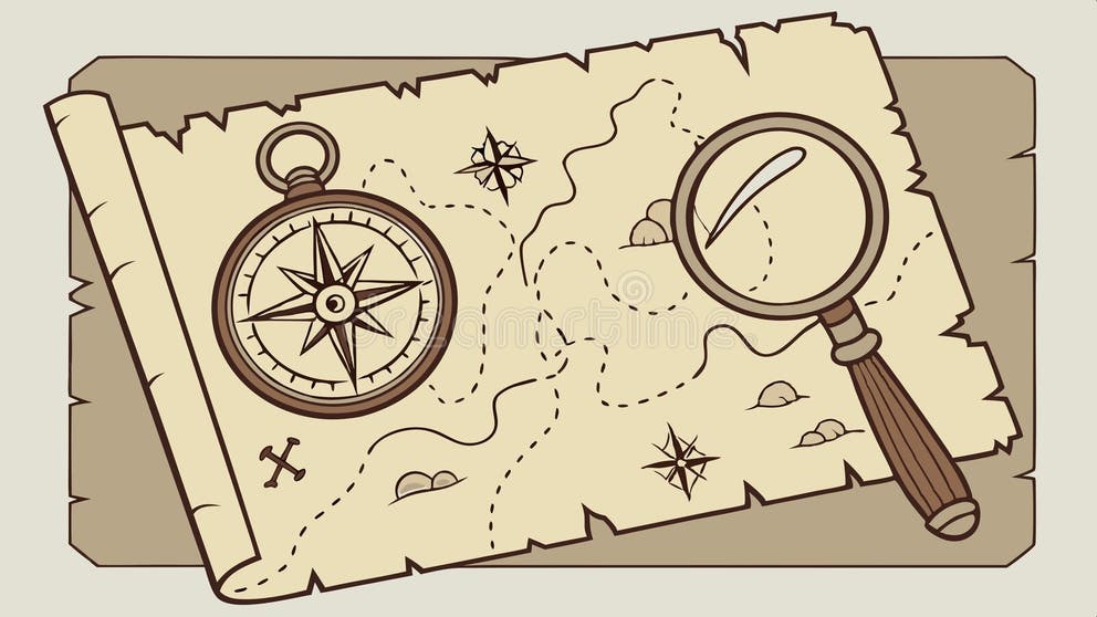 Treasure Map and Compass, Adventure and Exploration Tools. Vector ...