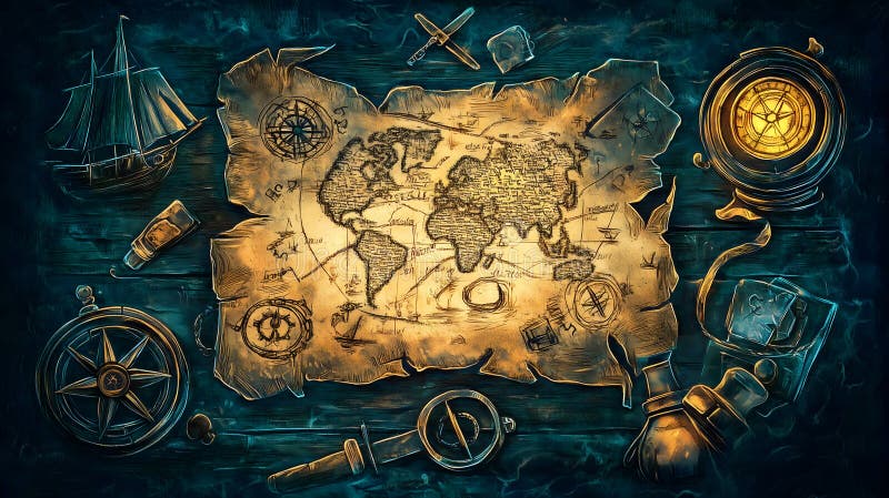Treasure Map and Compass Illustration by Generated AI Stock Photo ...