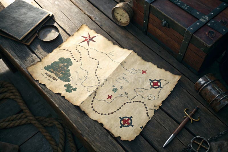Treasure Map on Dark Wood Table â€ Adventure Concept 3D Illustration ...