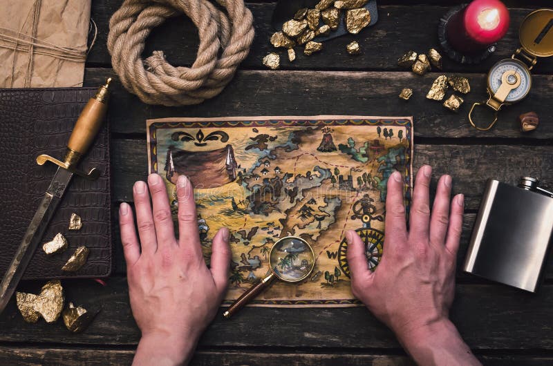 Treasure Map in Adventurer Treasure Hunter Hands. Stock Photo - Image ...