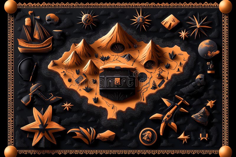 A Treasure Map with an Island, Chest, and Surrounding Objects. a Dark ...