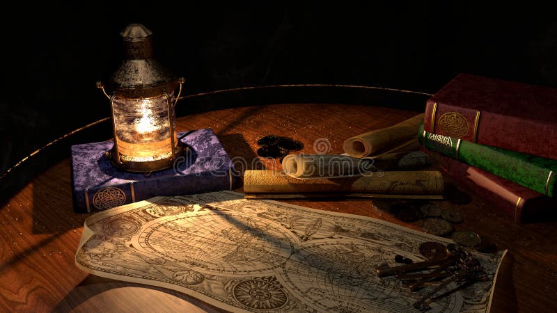 Treasure Map, Lantern & Books Stock Illustration - Illustration of ...