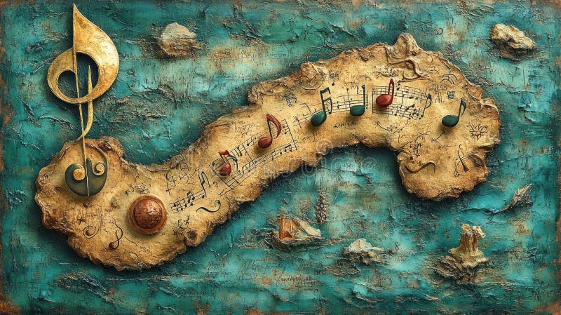 A Treasure Map with Musical Notes and a Treble Clef on a Blue Water ...