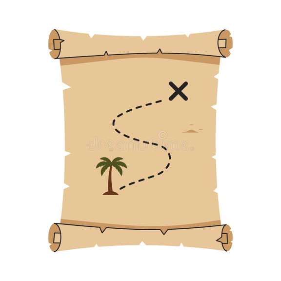 Treasure Map with Palm Tree and Marked Path in Simple Flat Style Vector ...