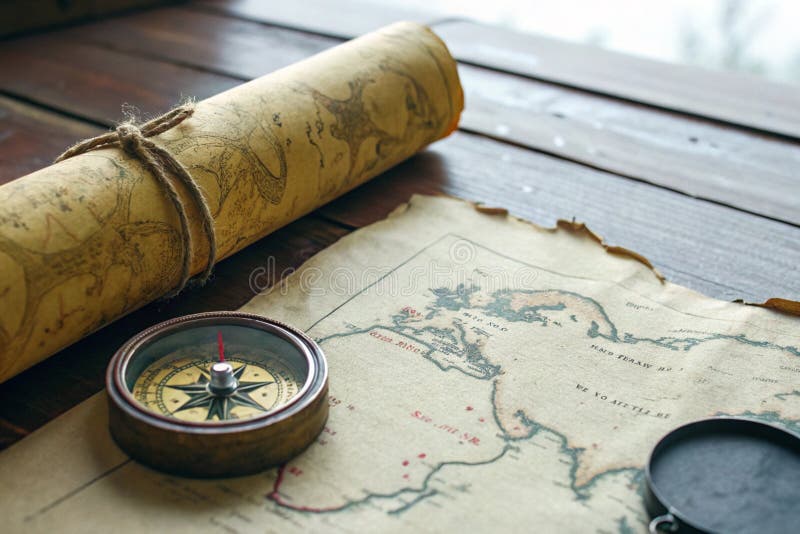 Treasure Map Roll and Old Compass â€ Adventure Discovery Concept Stock ...