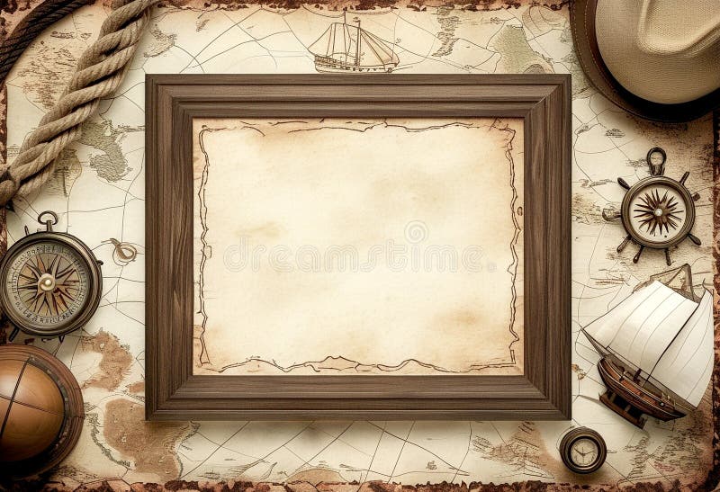 Treasure Map Setting with Wooden Frame and Nautical Elements for ...
