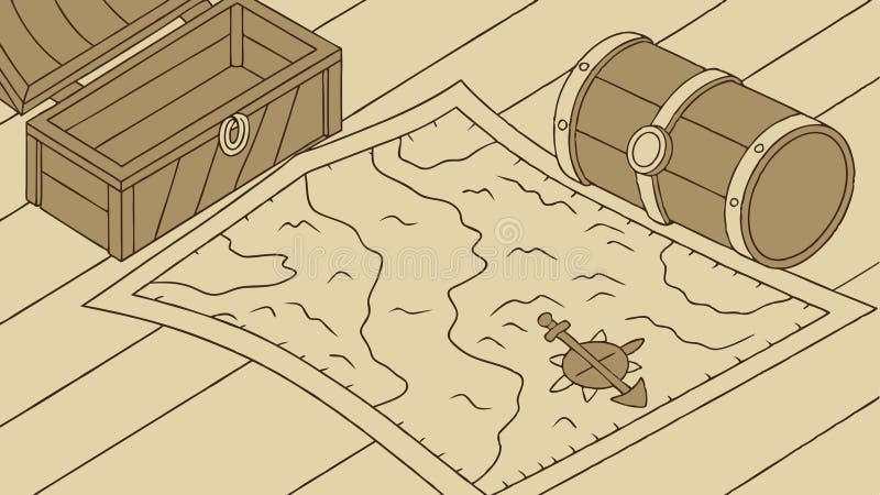 A Treasure Map on a Table with a Chest and Barrel, Adventure Vector ...