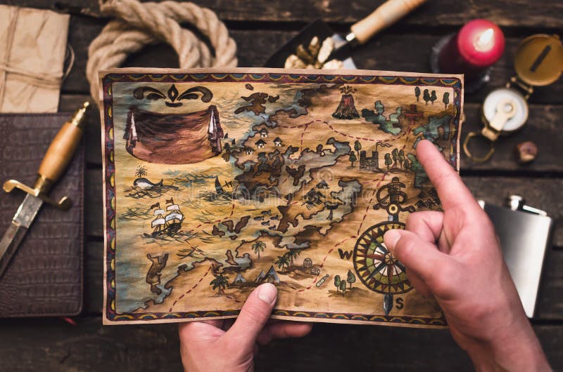 Treasure Map in Treasure Hunter Hands. Stock Photo - Image of concept ...