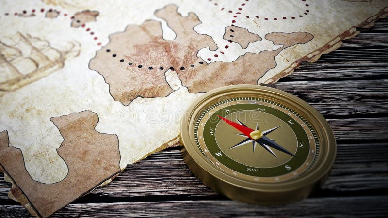 Treasure Map and Vintage Compass Standing on Old Wood Table. 3D ...